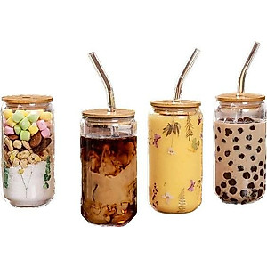 [4 pc set] Can Shaped Drinking Glass Cups with Bamboo Lid, Glass Straw, and Cleaning Brush. High Borosilicate Glass Material. Excellent for smoothies, soda and iced coffee.