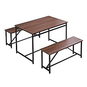 Panana 3 Piece Dining Room Table Set 43 Inch Kitchen Table with Two Benches Breakfast Table Top with Sew Kerf Finish Metal Frame Dining Room Home Rustic Brown