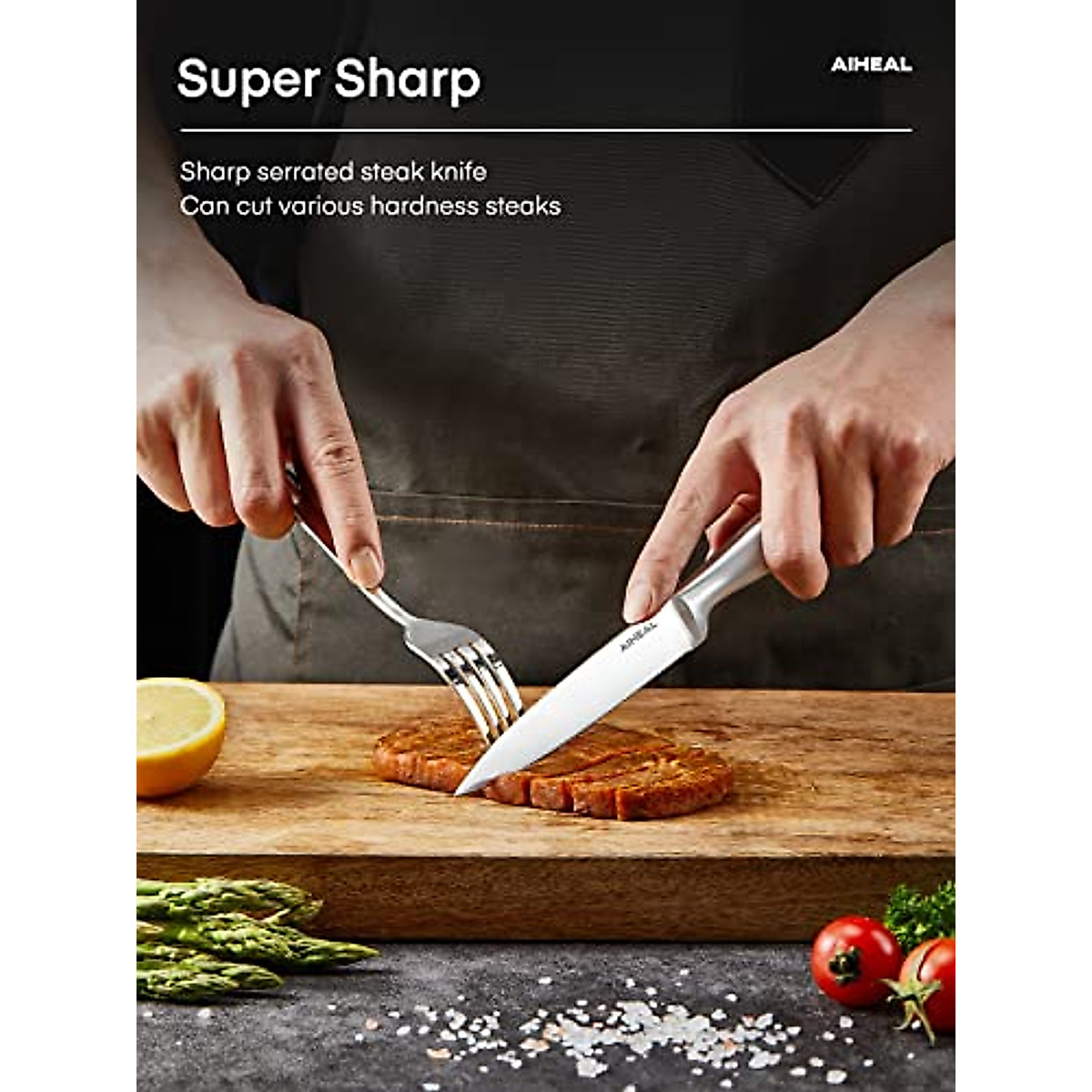 Aiheal Serrated Steak Knife Set, Stainless Steel Steak Knives Set of 8, Never Needs Sharpening Dinner Knives, Micro Serrated Steak Knives with Gift Box