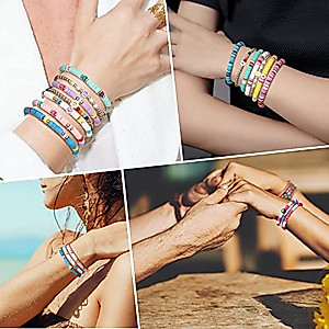 28 Pcs 4 Set Heishi Surfer Bracelets Set Colorful Preppy Smile Evil Eye Beaded Stretch Bracelet Clay Stackable Boho Disc Party Gift Y2k Aesthetic Summer Beach Jewelry for Xmas Halloween (Cute Style)