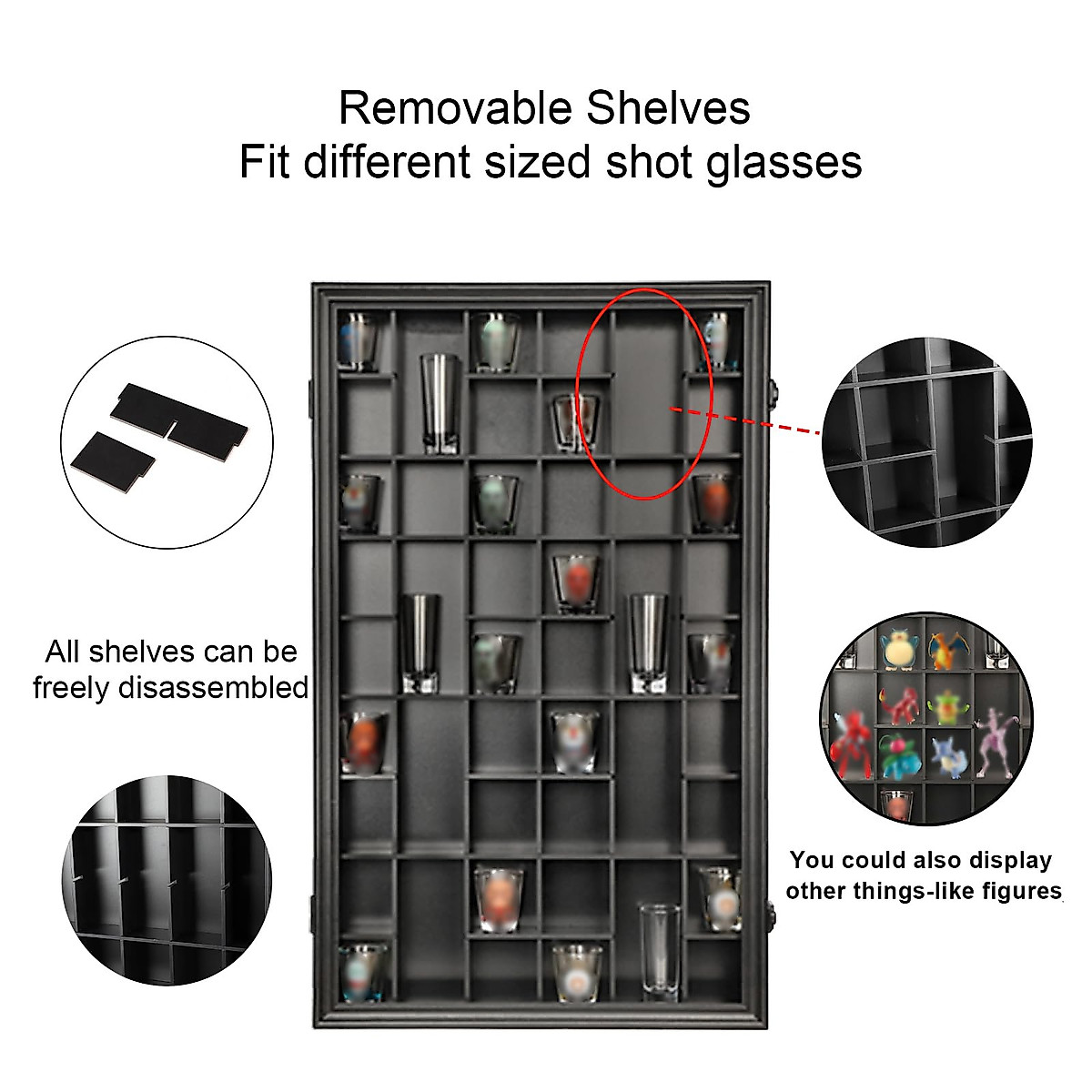 Sboitflmm Shot Glass Display Case - 46 Shot Glass Holder - Shot Glass Shelf Wall Mount Wooden Lockable with Removable Shelves for Collection Shot Glass UV Protection Acrylic Glass Door, Black