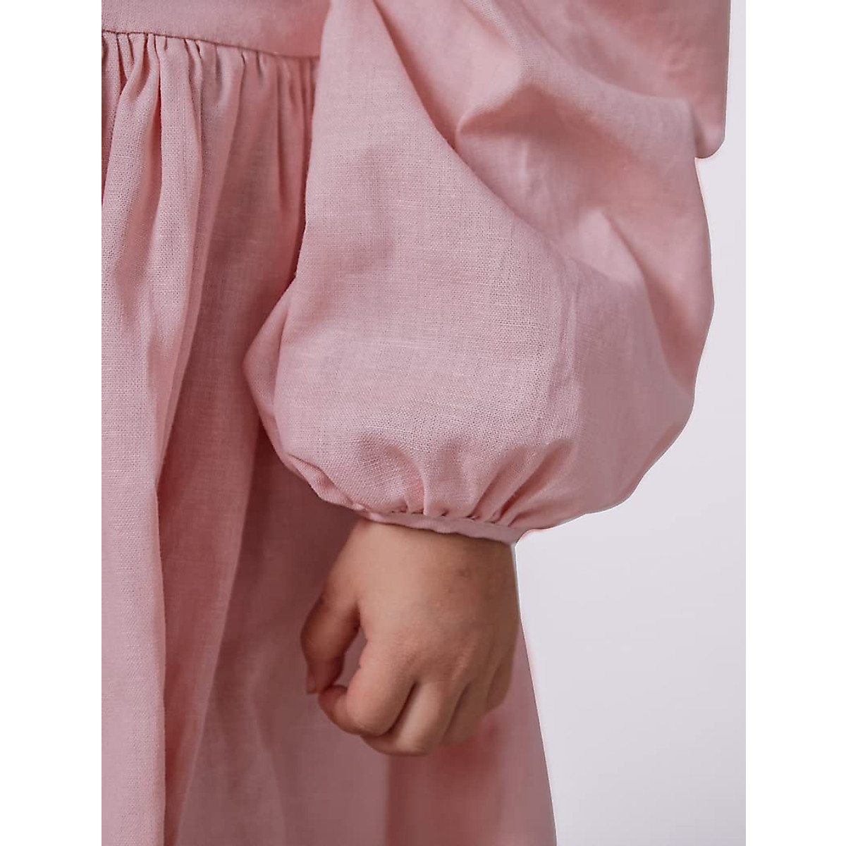 ZYBOUTIC Infant Baby Girls Linen Dresses Vintage Smocking Long Puff Sleeve Round Neck Birthday Gift Dress Autumn Button Back Princess Weddings Flower Girl Sundress Headband Easter Blush Pink S