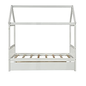 HAUSHECK Toddlers Montessori Bed with Trundle, Twin Size Montessori Bed Frame with Headboard & Footboard, House Bed Fun Playhouse for Kids Boys & Grils, No Box Spring Needed, Wooden Slatted Support