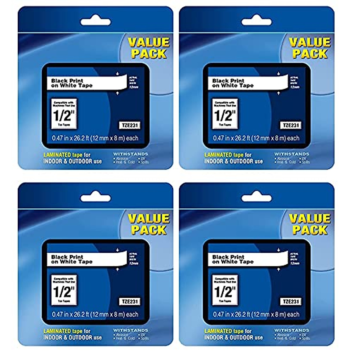 4 Pack T-Ze231 Label Tape Compatible with Brother P Touch Label Tape TZe-231 TZe231Tape 12mm 0.47 Inch Laminated, Black on White