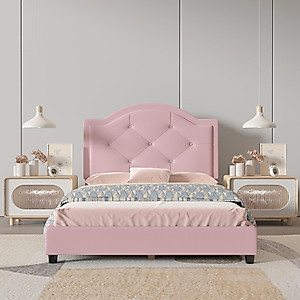 Leather Kids Twin Bed , Crystal Button Adjustable Height Headboard Children's Bed, Wooden Slat Base Toddler Bed ,Upholstered Twin Bed for Kid, Fits Standard Twin Mattress(75"Wx39"D) (Pink)
