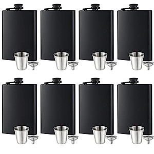 8 pcs Flask for Liquor for Men Matte Black 8 Oz Stainless Steel Leak proof with 8 pcs wine glass 8 pcs Funnel used for Gift,Camping, Outdoor Activitie,Groomsman Bridesmaid Wedding Party