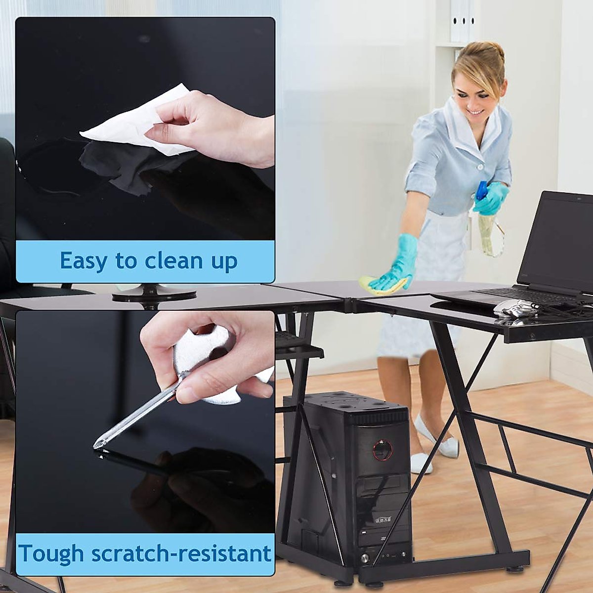 L Shaped Computer Desk Office Desk Gaming Writing Corner Desk Study PC Laptop Table Workstation with Keyboard Tray and CPU Stand Shelf for Home Office Large 3-Piece Modern Glass Computer Desk, Black