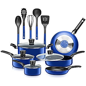 SereneLife Kitchenware Pots & Pans Basic Kitchen Cookware, Black Non-Stick Coating Inside, Heat Resistant Lacquer (15-Piece Set), One Size, Blue