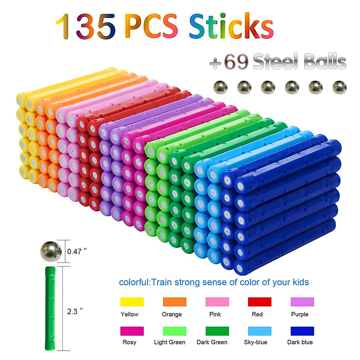 204 Pcs Magnetic Building Sticks Blocks Toys, 2.3" Length Magnet Educational Toys Magnetic Stacking Toys Set for Kids and Adult, STEM Building Toy 3D Non-Magnetic Balls with Storage Bag
