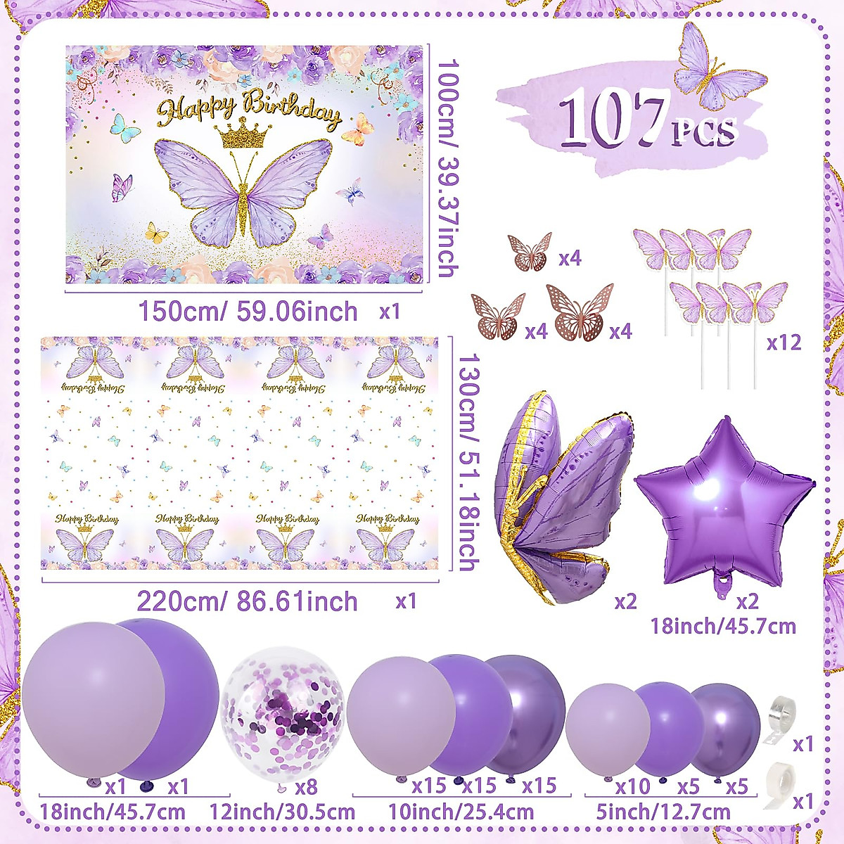 Butterfly Birthday Decorations for Girl,Purple Balloon Arch Kit with Foil Butterfly Balloon,Happy Birthday Backdrop Butterfly Tablecloth Decorations for Girl Birthday Baby Shower Purple Party Supplies