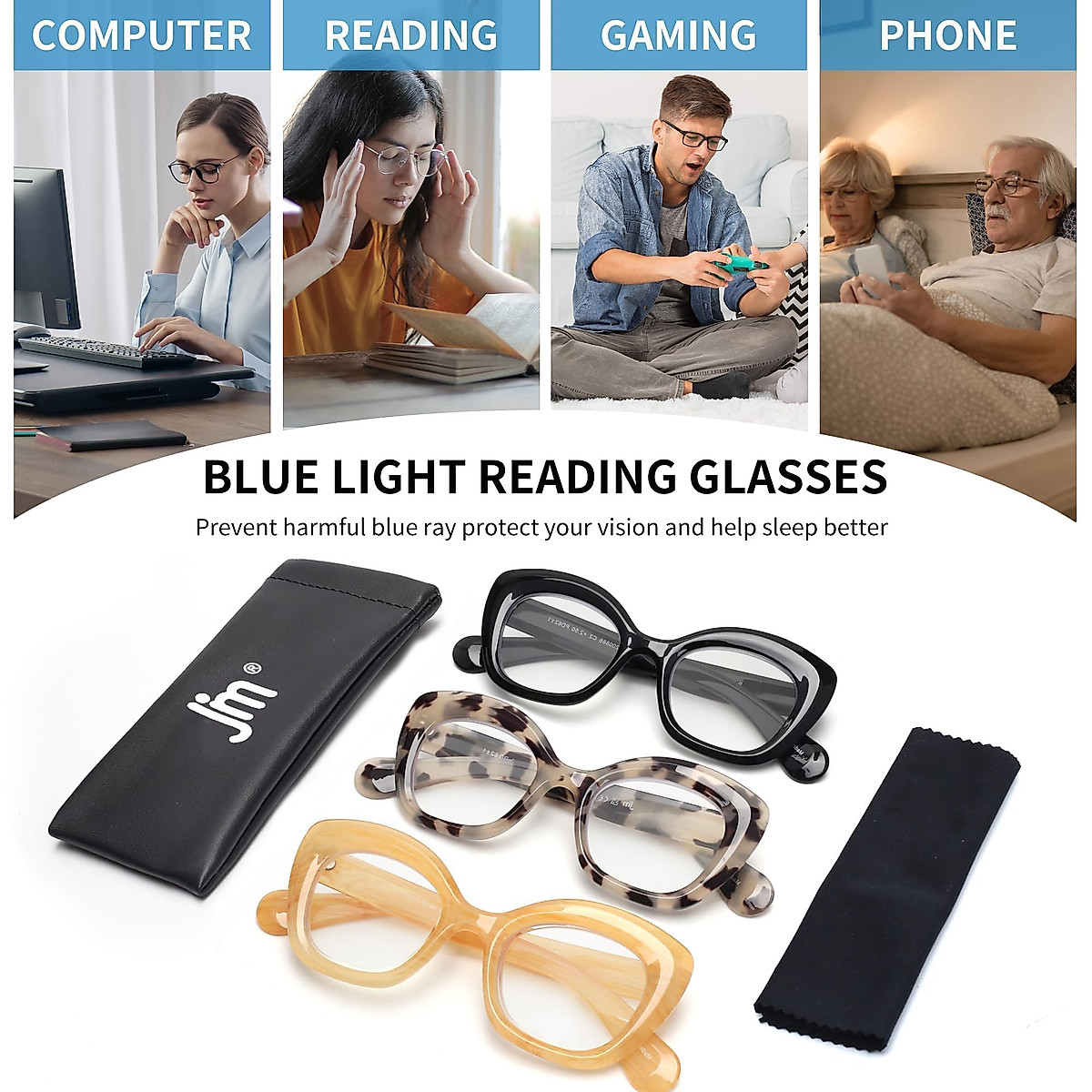 JM 3 Pack Oversized Cat Eye Reading Glasses for Women Funky Blue Light Flexible Cateye Readers +1.75