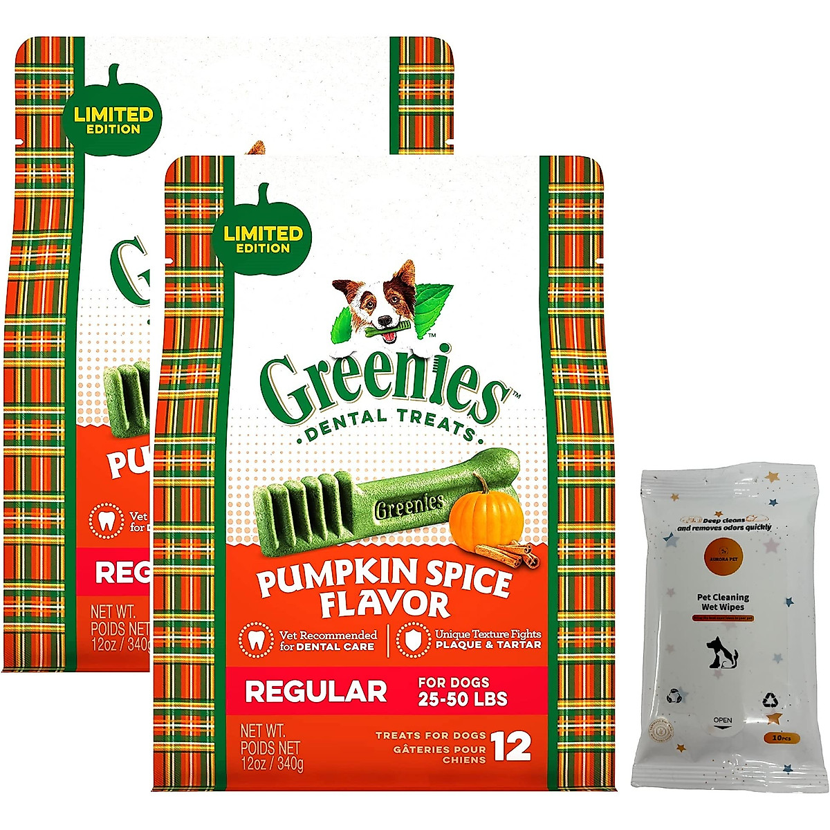 Aurora Pet Bundle (2) Pumpkin Spice Flavor Regular Size Dog Dental Treats (12-oz Bags) with AuroraPet Wipes