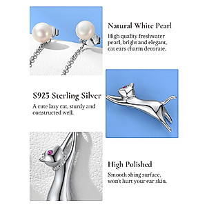 Kitten Drop Earrings for Women Elegant Pearl Stud 925 Sterling Silver Cat Dangle Earrings