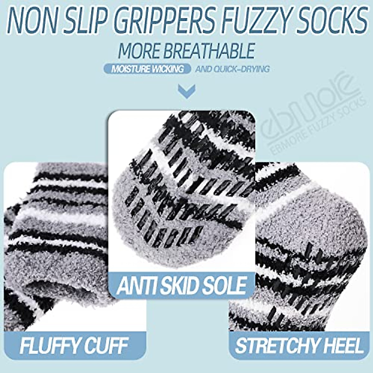 Fuzzy Socks for Men & Women Slipper Fluffy Warm Winter Non Slip Skid Thick Cozy Sleep Socks with Grips Cabin Soft Stocking Stuffers Christmas Gift Socks（Stripe 6 Pairs)