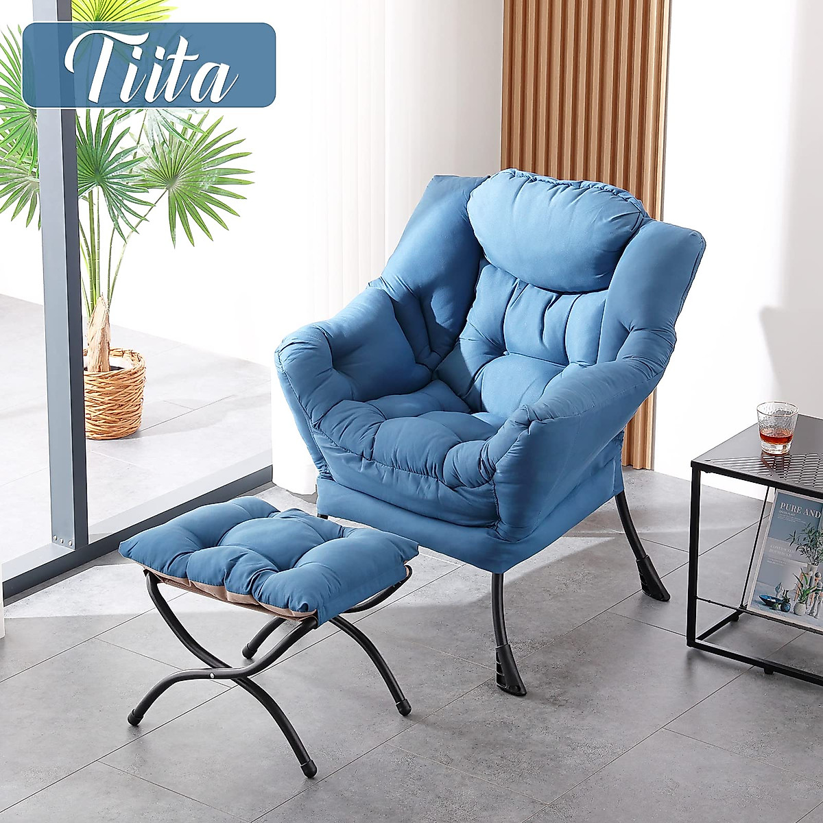 Tiita Lazy Chair with Ottoman, Modern Large Accent Lounge Chair, Leisure Sofa Armchair/Reading Chair with Footrest for Bedroom, Living Room, Dorm Rooms, Garden and Courtyard