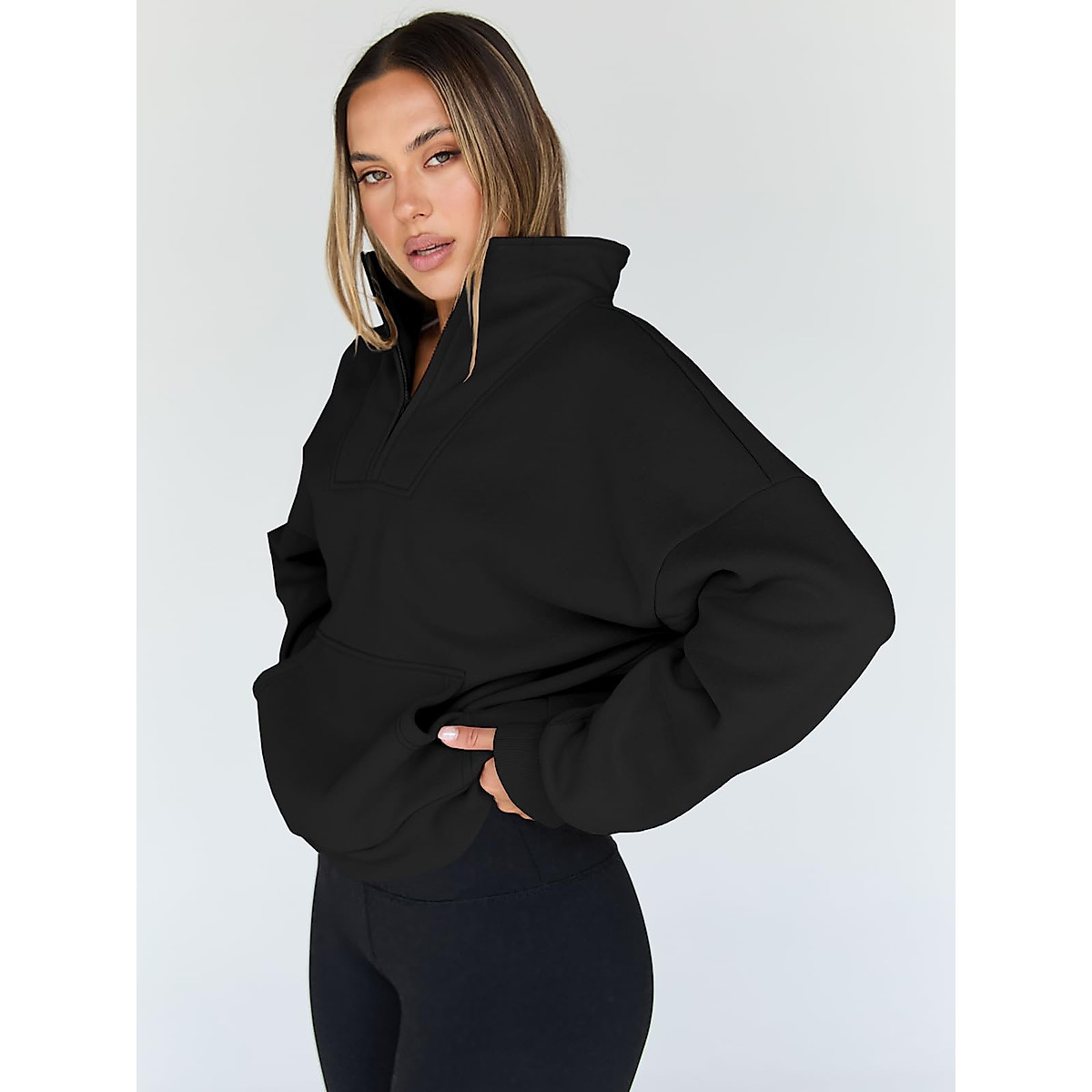 Trendy Queen Sweatshirts Quarter Half Zip Pullover Oversized Hoodies Sweaters Comfy Fall Outfits 2025 Y2K Winter Clothes Black L