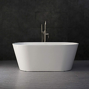 WOODBRIDGE 59" Acrylic Freestanding Bathtub Contemporary Soaking Tub with Brushed Nickel Overflow and Drain B0014B,White