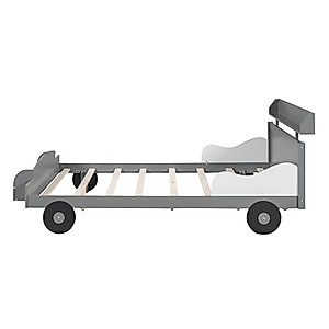 Race Car Bed Full Size, Wooden Low Bed Frame with Storage Headboard and Footboard, Playhouse Bed for Kids, Boys Girls, Gray