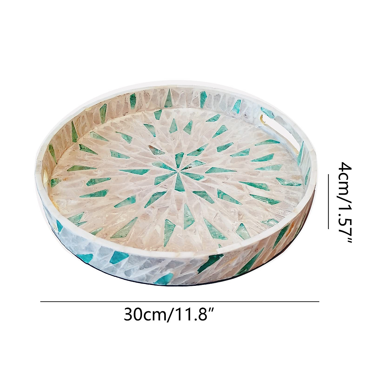 I-lan 12 Inch Round Beige Blue Mother of Pearl Severing Tray with Handle and 2 Inch Side, Lacquer Wooden Shell Decorative Tray, Gorgeous Inlay Nacre Ottoman Tray for Food, Breakfast, Coffee Table, S