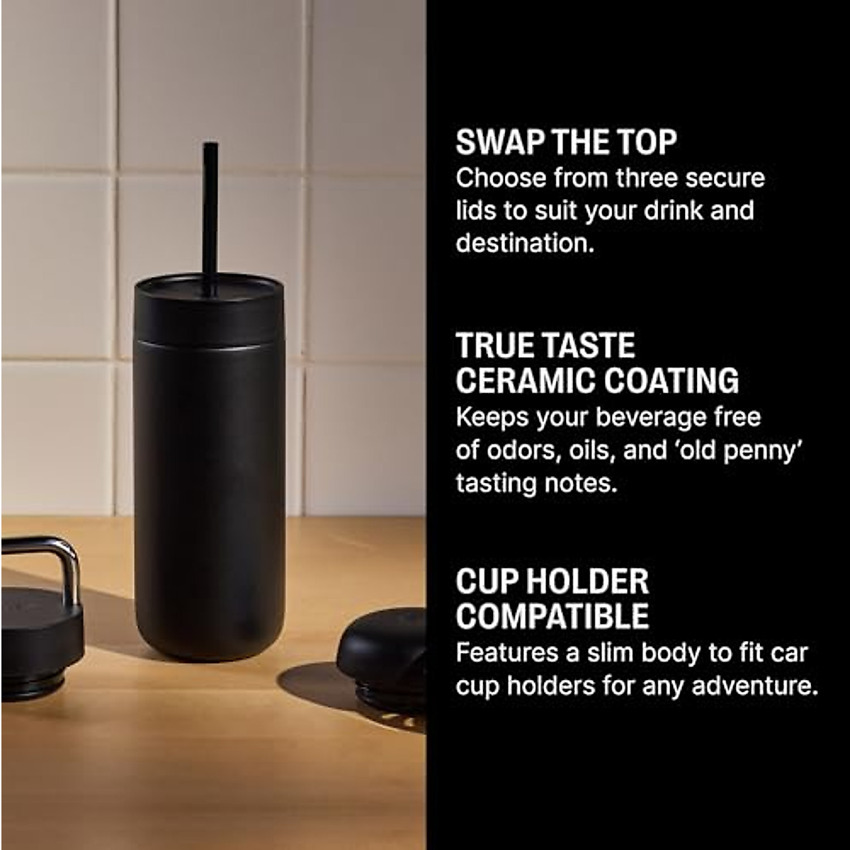 Fellow 16 oz Carter Bundle (3 in 1) Travel Mug with Carry Handle, Move & Cold Lids with Straw - To-Go Coffee Tumbler, Ceramic Interior & Vacuum-Insulated Stainless Steel - Coffee Cups-Matte Black