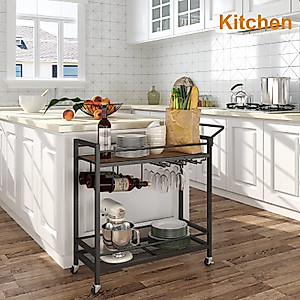 LAATOOREE Bar Cart, Two-Color Home Bar Serving Cart, Mobile Drink Beverage Cart with 2 Storage Shelves, Rolling Kitchen Cart with Wine and Glass Holder, for Dinning Room, Living Room, Kitchen