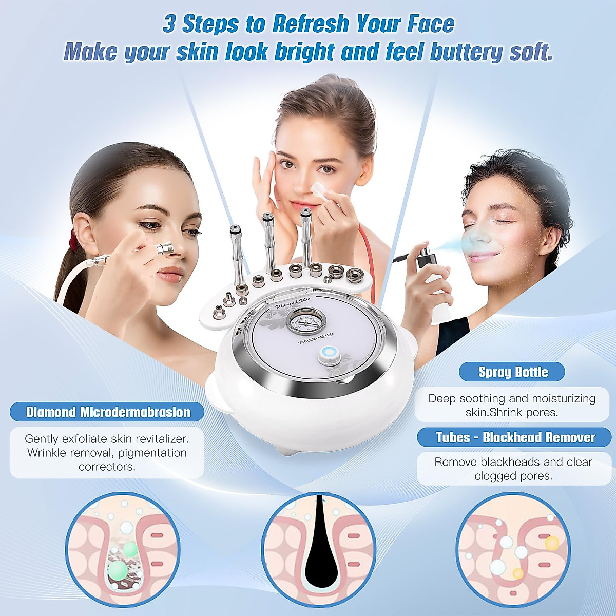 3 in 1 Diamond Microdermabrasion Machine, TopDirect Facial Skin Care Salon Equipment w/Vacuum & Spray (Strong Suction Power: 65-68cmhg)