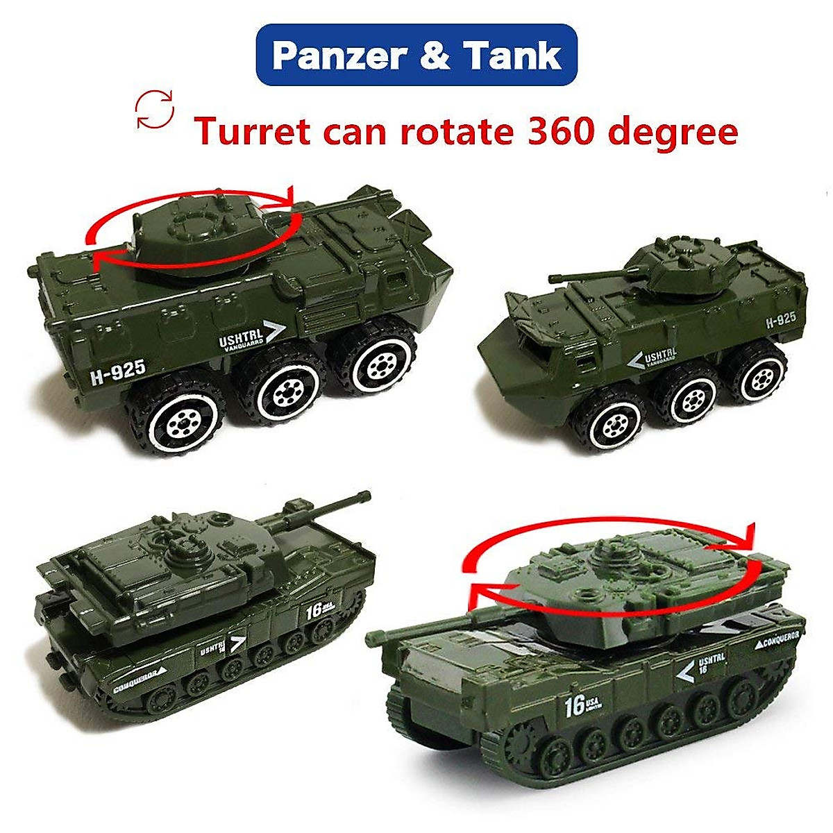 JQGT Diecast Military Vehicles Army Toy 6 in 1 Assorted Metal Model Cars Fighter Tank Attack Helicopter Panzer Playset for Kids Toddlers