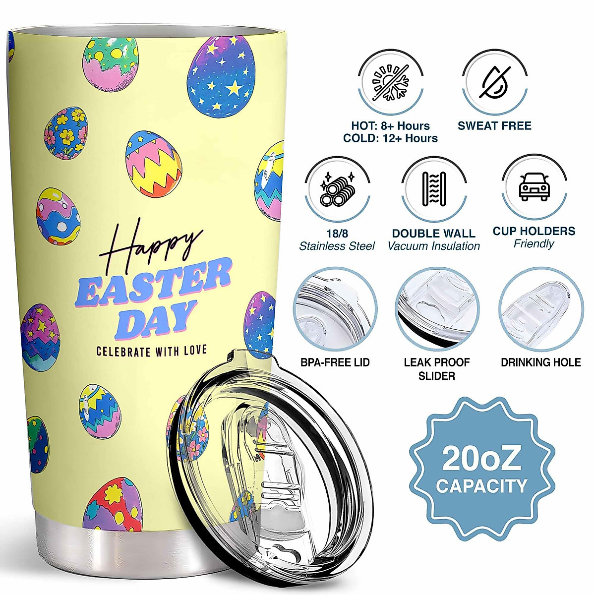 WIPI Easter Coffee Cups, Easter Gifts for Women Men Family and Friends, Spring Tumbler 20 Oz, Holiday Insulated Tumblers, Spring Coffee Mugs, Bunny Tumbler for Kids and Adults