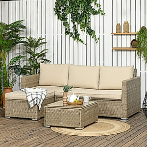 Outsunny 3 Piece Patio Wicker Furniture Set with Storage Loveseat, PE Rattan Conversation Sofa Set, L-Shaped Sectional Couch with Soft Cushions, and Glass Top Coffee Table, Khaki