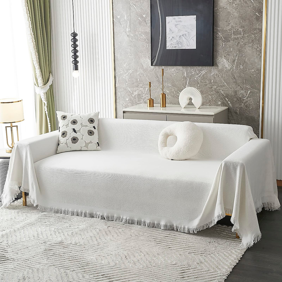 MYSKY HOME Couch Covers for 2 Cushion Couch Sofa Slipcovers Geometrical Sofa Covers for Living Room Sectional Sofa Covers for Dogs (X-Large, 71" x 118", White)