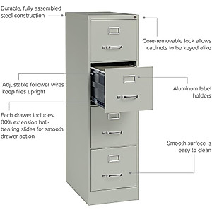 Pemberly Row 4 Drawers 52" Vertical Gray Metal Filing Cabinet Lockable Pre-Assembled Stationary Legal/Letter Size for Home, Office