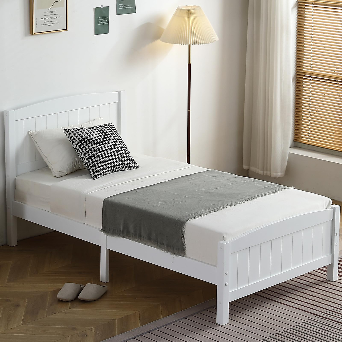 Karl home Wood Bedframe Twin Bed Frame with Headboard Bedroom Platform Bed with Footboard, 12 Wood Slat Support, No Box Spring Needed, White