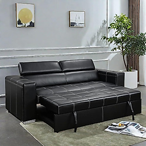 ChicFurnit Sofa Bed,Convertible Sleeper Loveseat with Pull Out Bed,88'' Faux Leather Upholstered Couch Bed with Adjustable Head Pillow and a Comfortable Waist Pillow for Living Room,Bedroom,Black