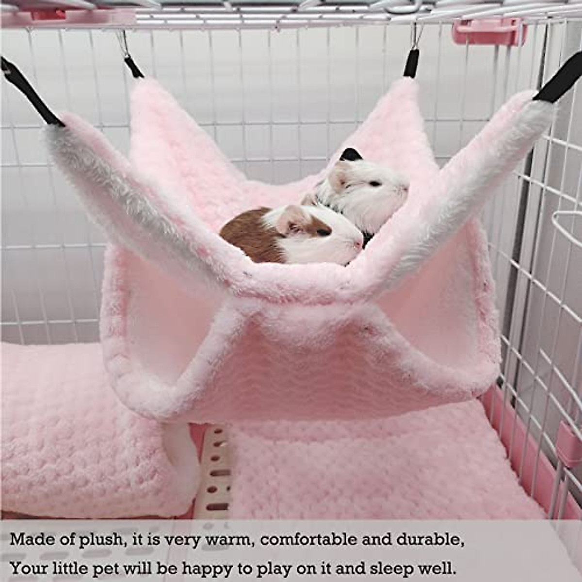 SEIS 3 Pcs Plush Hamster Hammock Set Sugar Glider Hanging Cage Accessories Set Small Animal Hammock Channel Mat for Guinea Pig Rat Gerbil Squirrel Birds Parrot (Pink)