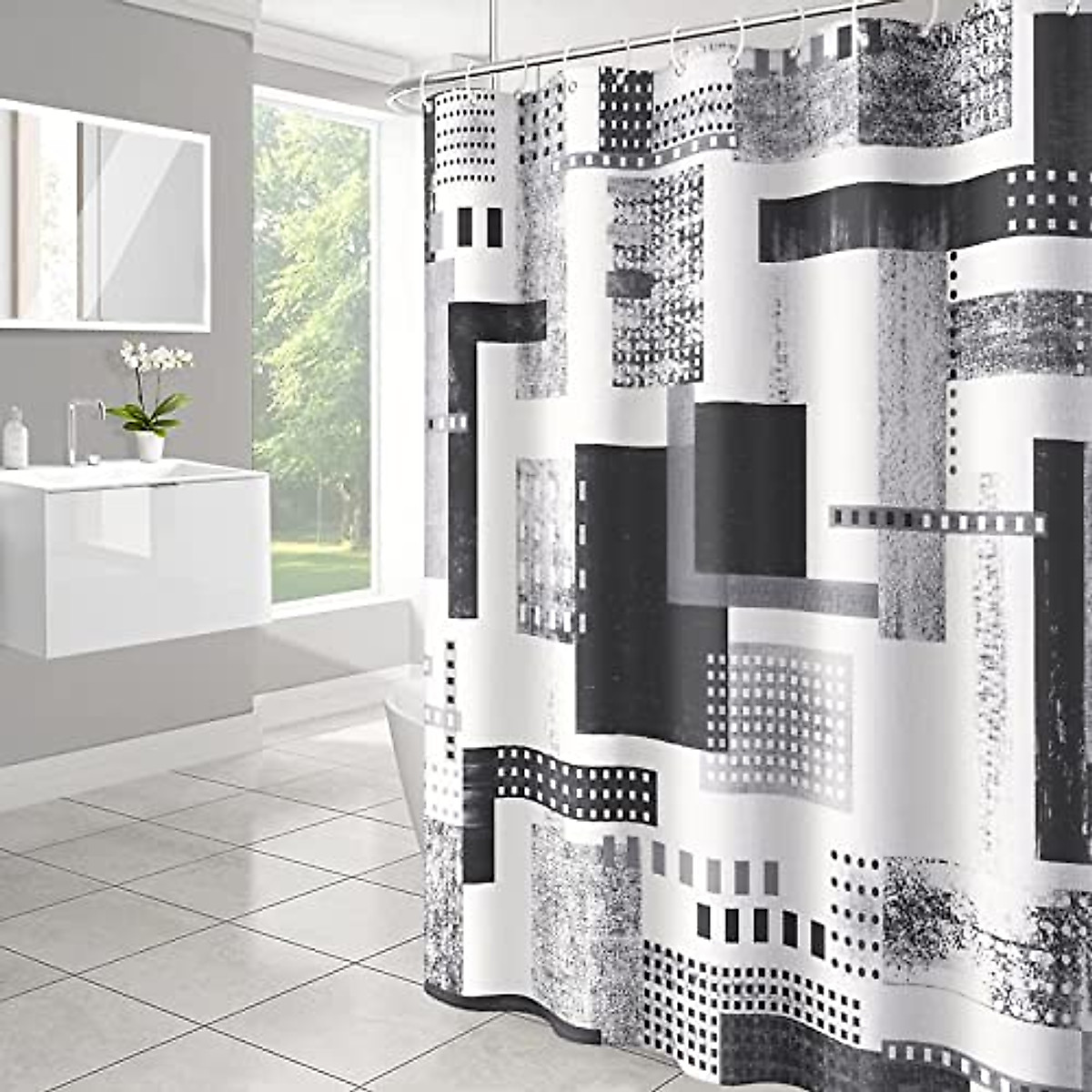 Awellife Black and White Shower Curtain Modern Gray Shower Curtains for Bathroom Waterproof Geometric Grey Shower Curtain Waffle Fabric Bathroom Curtain for Hotels, 72x72 inch