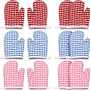 12 Pcs Kids Oven Mitts Children Heat Resistant Kitchen Mitts Checkered Kitchen Oven Gloves Kids Kitchen Mittens for Safe Cooking Baking Microwave Child Play BBQ Grilling, Age 2-10 (Red, Pink, Blue)