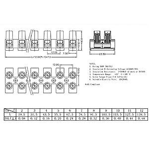 12 Position / 24 Contact Terminal Block Barrier Strip Dual Row with Screw Connector 30 Amp 300V HVAC Panel Chassis Mount etc. ES1200/12DSFB (2 Pack)