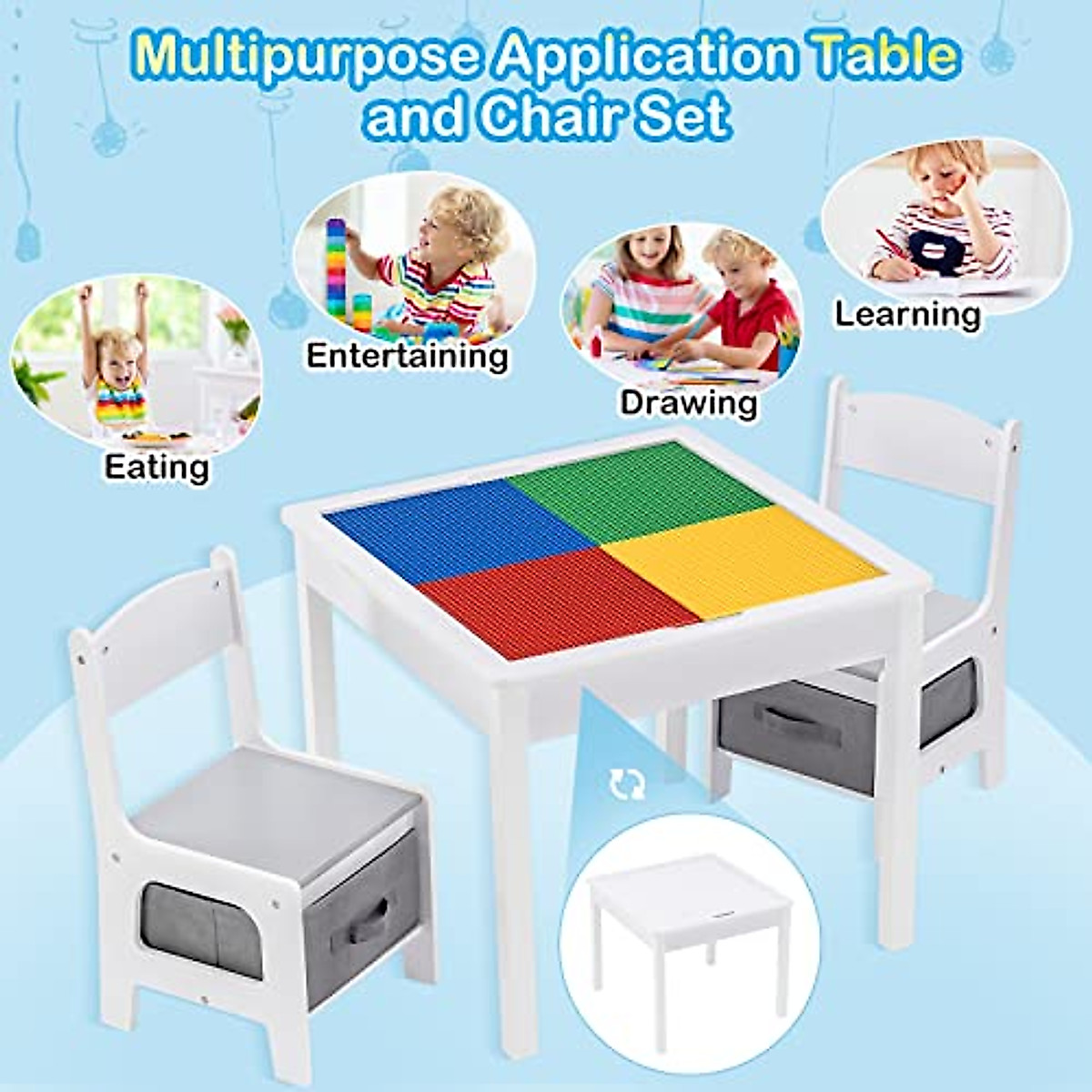 TECHMILLY Wooden Kids Table and Chair Set & Large Storage Basket for Girls and Boys