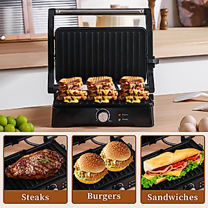UVFAST Panini Press Grill Sandwich Maker, Large Electric 3 in 1 Panini Sandwich Maker Grill, Open 180 Degrees for Grill Indoor, Perfect for Grilling Steaks, Burger, Sandwich,Non-stick Pan, Black