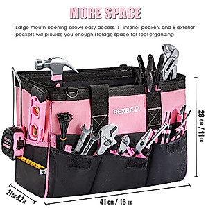 REXBETI 219-Piece Pink Tool Set, Ladies Hand Tool Set with 16 inch Tool Bag, Women Home Repairing Tool Kit, Large Mouth Opening Tool Bag with 19 Pockets, Perfect for Home Maintenance and Daily Use