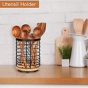 Toosci Utensil Holder for Kitchen Counter, Cooking Utensils Holder, Black Metal+Wooden Base Utensil Holder, Breathable and Easy to Dry+Rotatable+Drainage Holes, Kitchen Countertop Utensil Organizer