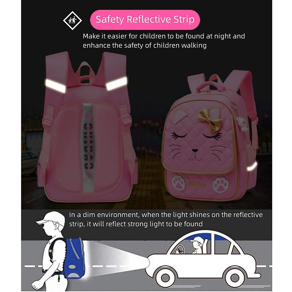 Girls Rolling Backpack Trolley School Bags Cat Face Print Travel Wheeled Carry-on Kids' Luggage