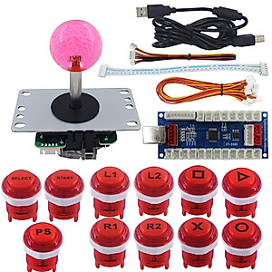 SJ@JX Arcade Game Stick DIY Kit Buttons with Logo 8 Way Joystick USB Encoder Cable Controller for PC PS3 PS2 MAME Raspberry Pi Red