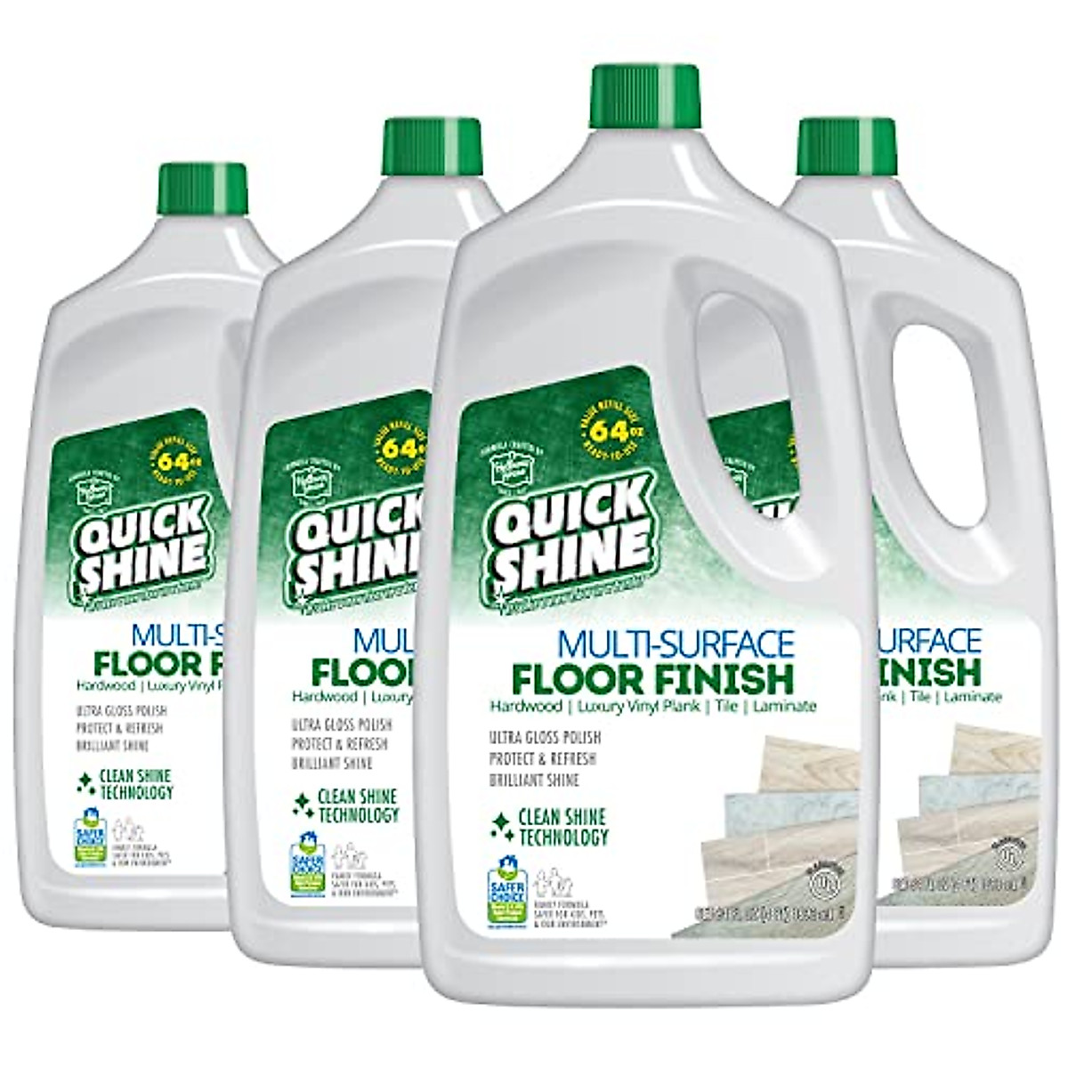 Quick Shine Multi Surface Floor Finish 64oz, 4Pk | Cleaner & Polish to use on Hardwood, Laminate, Luxury Vinyl Plank LVT, Tile & Stone & Hard Surface Floor Mop Refill Pad 12" Wx6 Dx1/2 H
