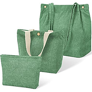 Sweetude 3 Pcs Corduroy Tote Bag for Women Girl Makeup Bag Aesthetic Tote Bag Corduroy Bag Cute Cosmetic Bag for Shopping (Grass Green)