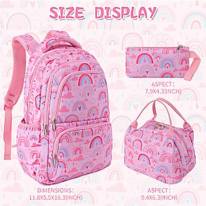 Woosir School Backpacks for Girls Kids Travel Backpack for Teen Girls Back to School Supplies Fashion Bag with Insulated Lunch Bag and Pencil Pouch Outdoor Laptop Backpacks (Rianbow)
