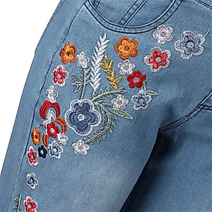 Women's Embroidery Destoryed Flare Jeans Button Waist Bell Bottom Summer Casual Trouser Comfortable Denim Pants（Light Blue,XX-Large）