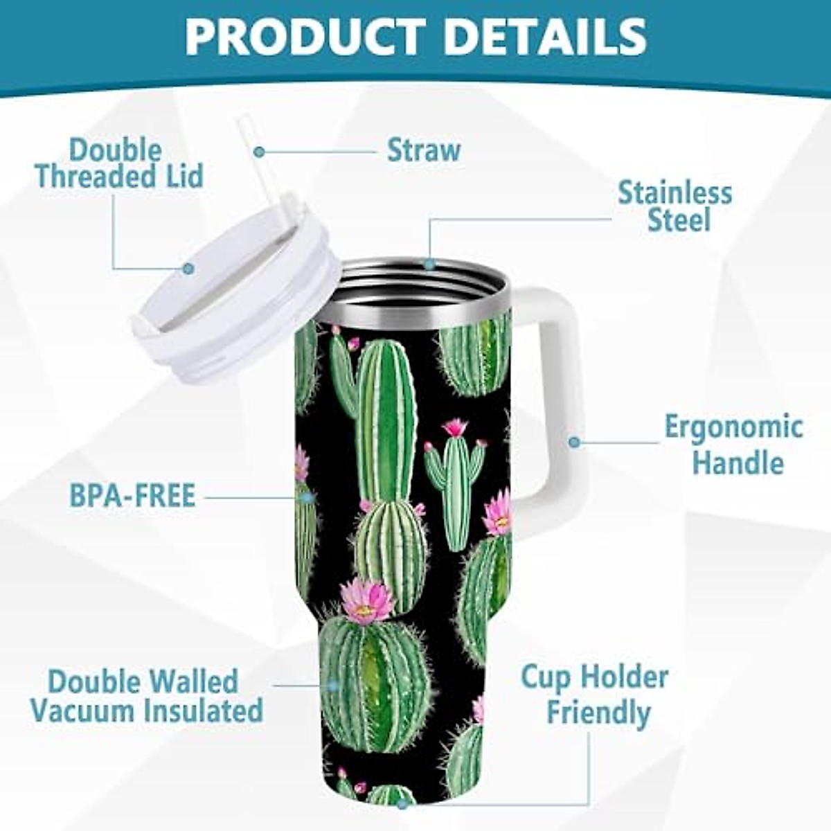 ODAWA 40oz Travel Insulated Tumblers with Straw and Handle, Cacti Pink Flowers Black Double Wall Insulated Tumbler