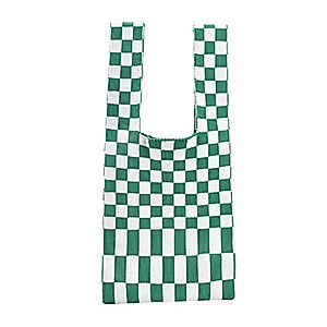 Checker Black & White Checkered Checkboard Knit Tote Bag (Green White), Women Ribbed Market Bag, Fun Style Knitted Tote