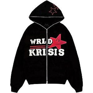 ZFOFLIK Star Hoodie Y2k Zip Up Hoodie Men Star Sweater Women Oversized Sweatshirt Harajuku Punk Streetwear Hoodie-L Black